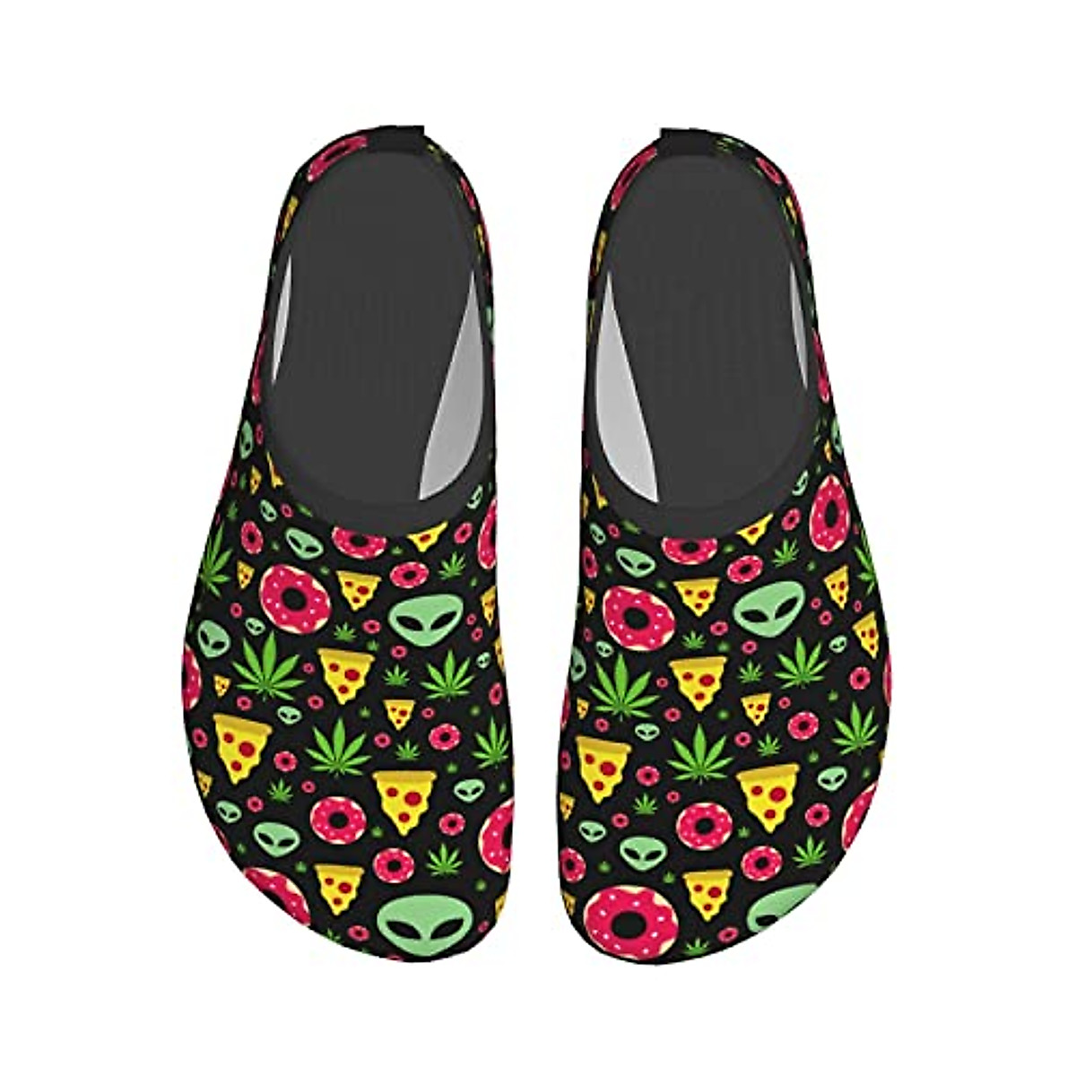 Marijuana Leafs Pizza and Aliens Print Water Shoes for Womens Mens Non-Slip Barefoot Shoes Quick-Dry Beach Swim Shoes Black