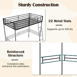 Giantex Twin Size Loft Bed, Metal Loft Bed Frame with Ladder & Safety Guardrail, Space-Saving Loft Bed with Ample Space Underneath, for Teens Junior and Adults, No Box Spring Need, Black