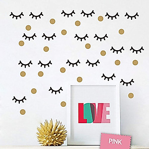 JUEKUI Wall Decor Sticker 96pcs Lovely Sleepy Eye Eyelashes with 100pcs Pink Dots Vinyl Deccal for Kids Bedroom Makeup Art WS22 (Black+Gold)