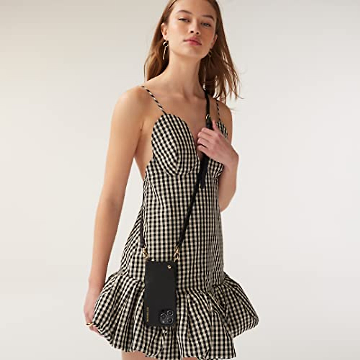 Bandolier Emma Crossbody Phone Case and Wallet - Black Leather with Gold Detail - Compatible with iPhone 14 Pro