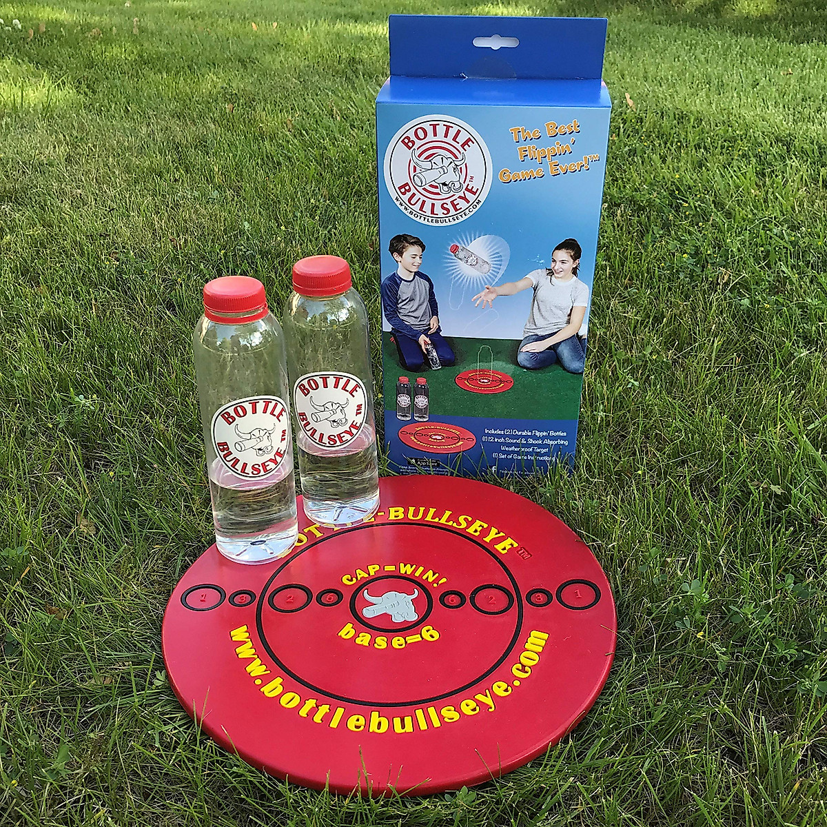 BOTTLE-BULLSEYE™ Game. Official Game Kit. Fun Family Game. Play Indoors or Outdoors. Made in The USA. Great for Family Game Night, Parties, picnics, Camping, Tailgating. Durable Target & Bottles!