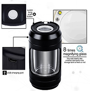 Storage Jar with Herb Grinder Led Light up, Herb Containers with 8x Magnifying Viewing Jar Portable, Storage and Grinding in One Keep Herbs Dry and Fresh (Black)