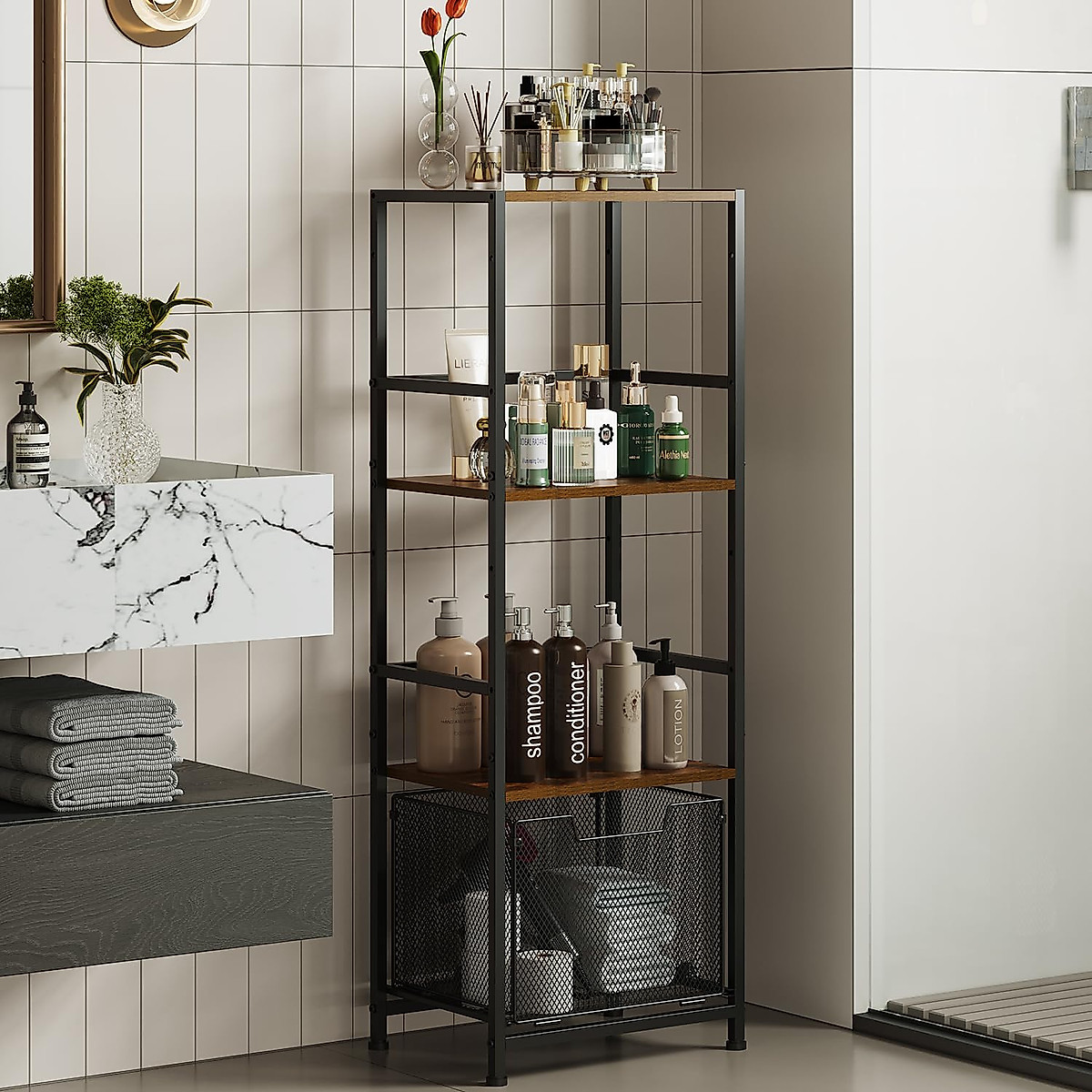 4-Tier Standing Storage Shelves, Narrow Shelving Unit for Small Places, Metal Wood Combination Storage Shelf Rack with Wire Basket,Adjustable Utility Shelf for Bathroom Kitchen Laundry Garage