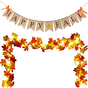 Thanksgiving Maple Leaf Garland Artificial Fall Foliage Garland and 20 LEDs String Light and Happy Fall Burlap Banner Thanksgiving Pumpkin Bunting Flag Garland for Autumn Thanksgiving Window Decor