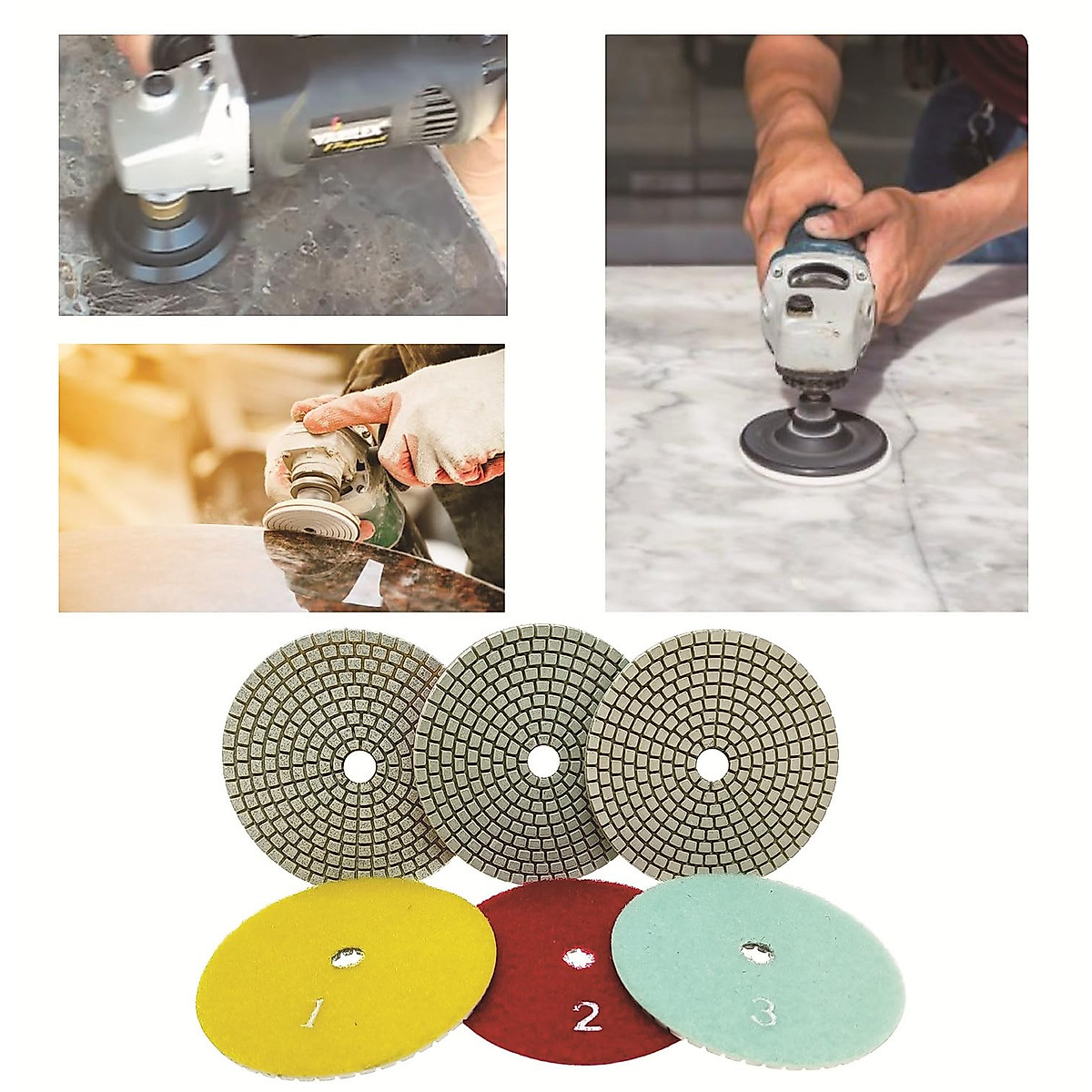 ComeFloor 4 Inch Wet/Dry 3 Step Diamond Polishing Pads for Granite Marble Concrete Stone, Step 1-3 Hook and Loop Backing