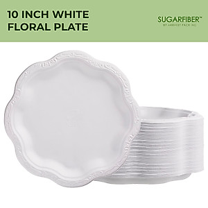 SUGARFIBER 10-inch Compostable Disposable Paper Plates, White Floral Acanthus Collection [50 COUNT]