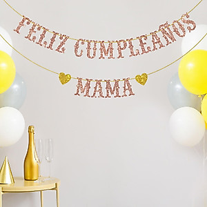Helewilk Feliz Cumpleaños Mama Banner/Spanish Happy Birthday Mom Banner/Mexican Fiesta Theme Mom' Birthday Mother's Day Party Decorations/Rose Gold Glitter