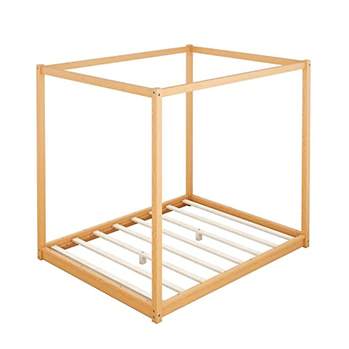 Merax Modern Queen Size Wood Canopy Bed Floor Platform Bed Frame/No Box Spring Needed/Easy Assembly, Nutural
