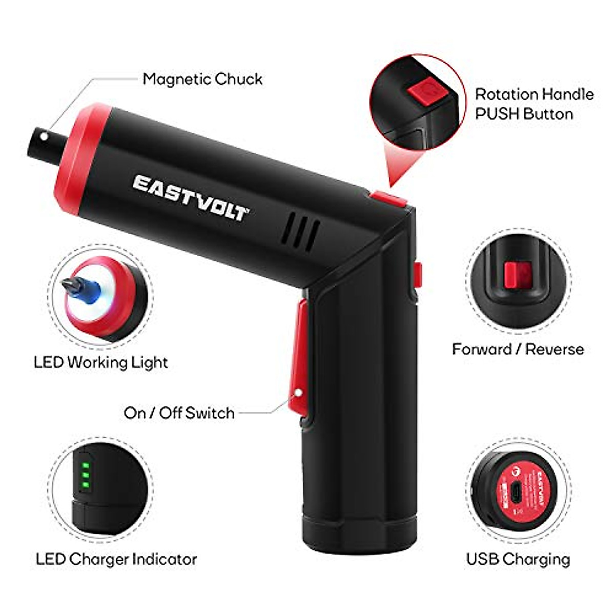 Eastvolt 4V Cordless Screwdriver, 6Nm Electric Screwdriver Rechargeable with 90 degree rotary handle, LED Light and USB Charging, Extension Rod, 32 Pieces Accessories