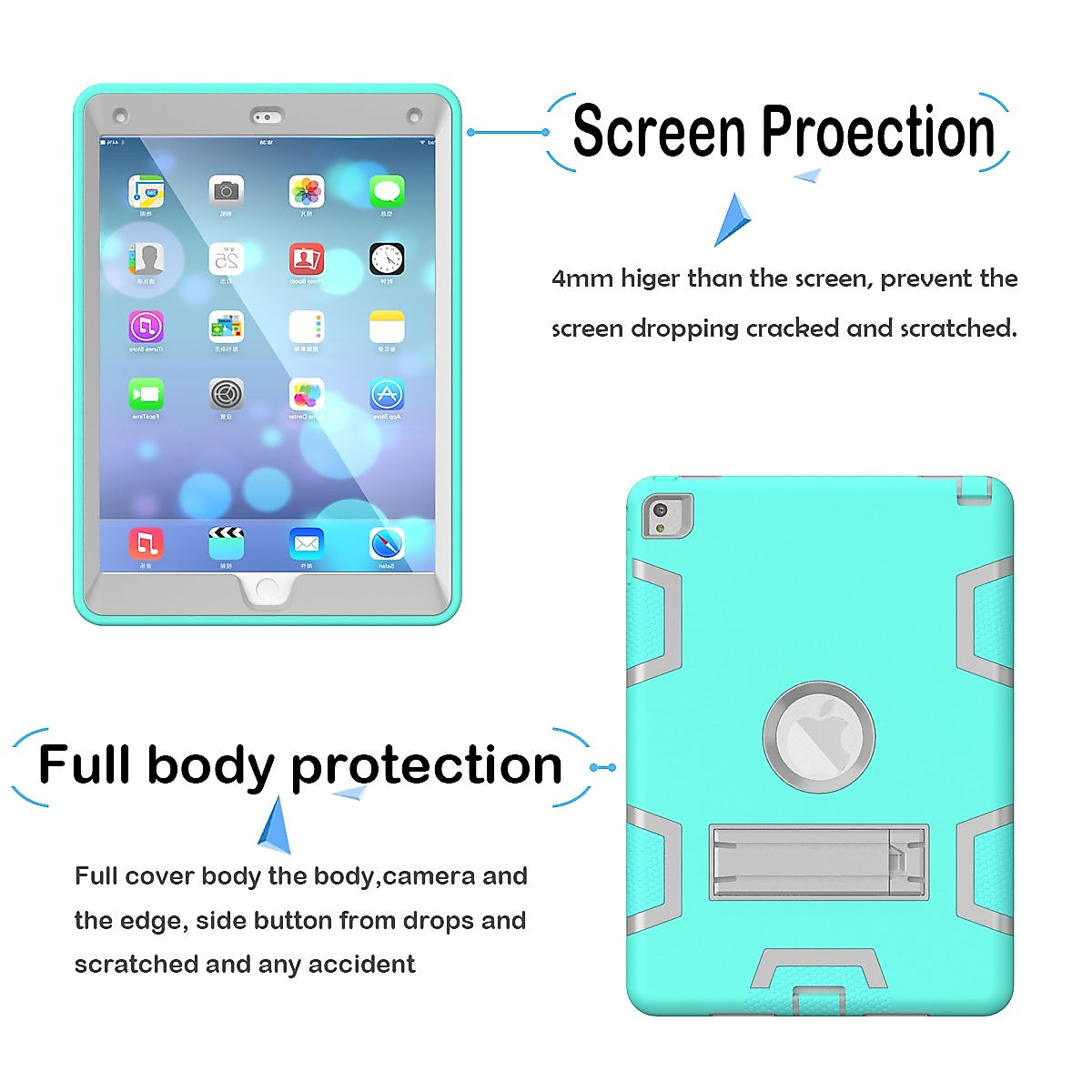MAKEIT CASE for iPad Air 2 Case, for iPad Pro 9.7 Case, Shock Absorption High Impact Resistant Hybrid Protective Case Cover with Kickstand for iPad Air 2 and iPad Pro 9.7" 2016
