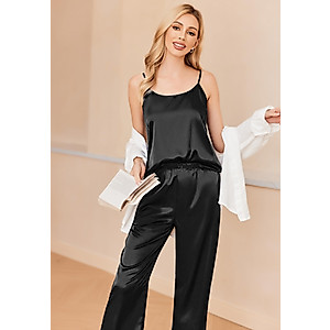 Ekouaer Women Silk Satin Pajamas Sleeveless Pjs Set 2 Piece Summer Loungewear Sleepwear with Pockets Black,XL