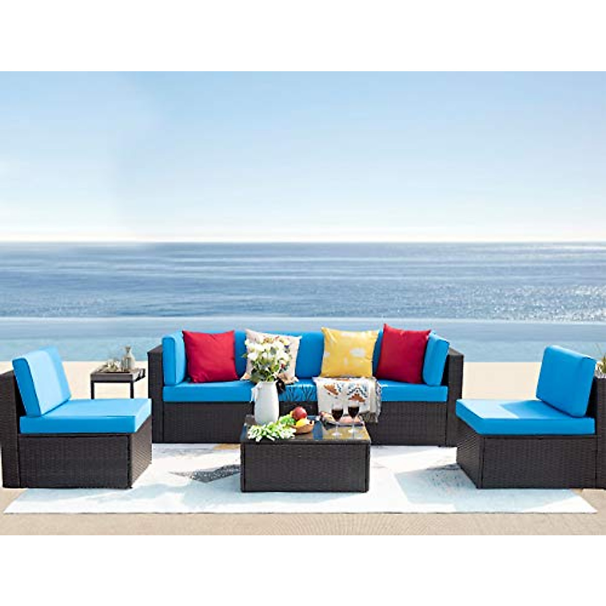 Homall 6 Pieces Patio Outdoor Furniture Sets, Low Back All Weather Rattan Sectional Sofa Manual Weaving Wicker Conversation Set with Coffee Table and Washable Couch Cushions (Blue)