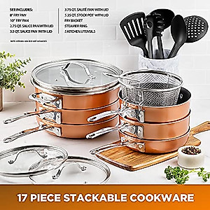 Gotham Steel Stackmaster Nonstick Pots & Pans Set, 17 Piece Stackable Cookware Set, As Seen on TV Cookware, Space Saving Cookware, Copper Pots & Pans Set, PFOA Free, Oven & Dishwasher Safe 2021 Model