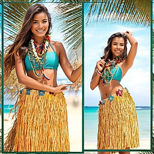 Albassa Luau Hawaiian Grass Table Skirt, Beach Party Table Skirt 9FT with Hibiscus (Straw Yellow, 1)