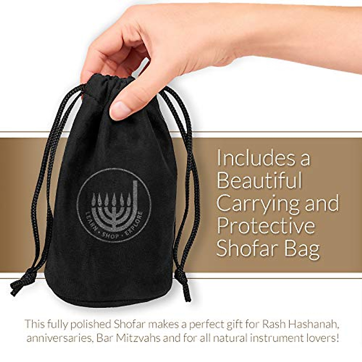 KOSHER ODORLESS NATURAL SHOFAR | Genuine Rams Horn | Smooth Mouthpiece for Easy Blowing | Includes Velvet like Drawstring Bag and Shofar Blowing Guide (12”-14”)