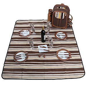 4 Person Blue Tartan Insulated Picnic Backpack Bag Set W/Cooler Section