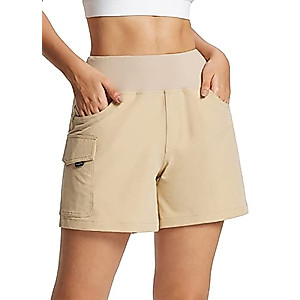 BALEAF Women's 5" Athletic Shorts High Waisted Quick Dry with Cargo Pockets Hiking Climbing Summer Shorts-Khaki-L