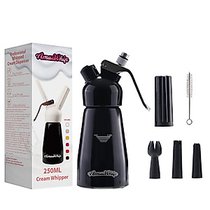 250ML AmazWhip Cream Dispenser For All Cold Applications-Durable Aluminum Alloy Cream Whipper With 3 Decorating Nozzles & 1 Cleaning Brush (Black)