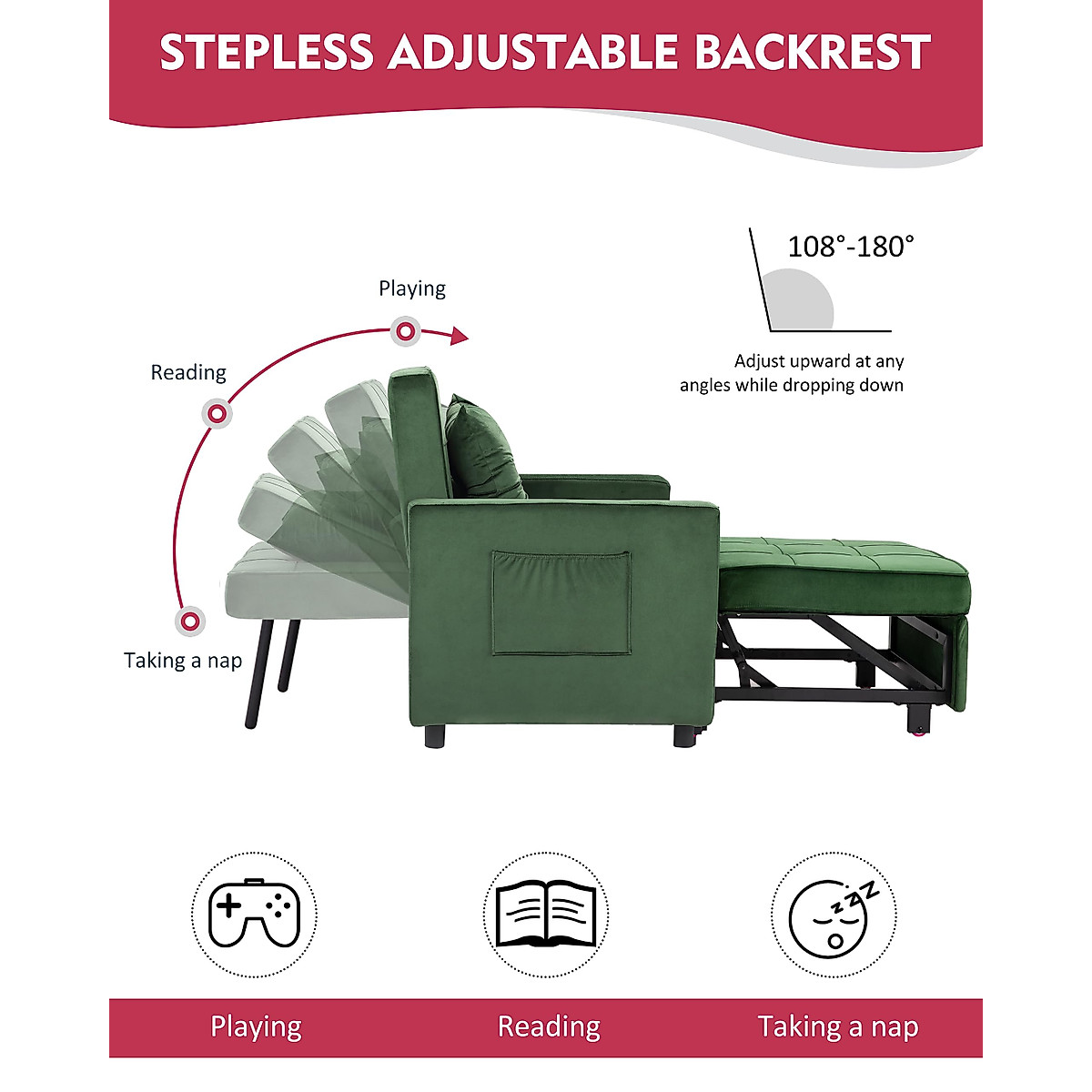 Litbird [UPDATED] Convertible Chair Sleeper Bed, Stepless Adjustable Backrest, Futon Chair Turns Into Bed, Sleeper Sofa for Living Room, 3 in 1, Imitation Flannel, Dark Green