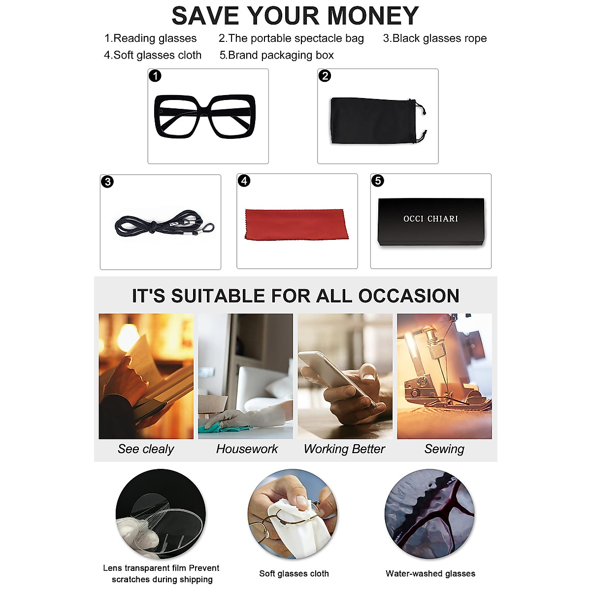 OCCI CHIARI 1.5 Reading Glasses Women Oversized Durable Reader 150(1.0 1.25 1.5 1.75 2.0 2.25 2.5 2.75 3.0 3.5 4.0) Large Frame