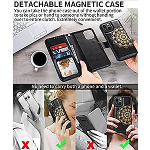 CASEOWL Compatible for iPhone 13 Wallet Case Magnetic Detachable-2 in 1 Mandala Embossed Flip Leather Wallet Case for Women Girls [RFID Blocking]with Card Holder, Hand Strap for iPhone 13 2021(Black)