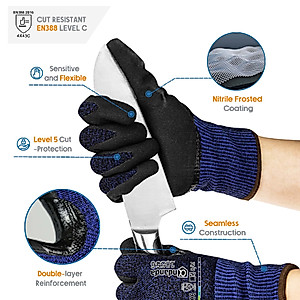 ANDANDA Cut Resistant Gloves Level 5, 3D Comfort Stretch Fit, Nitrile Sandy Finish Coated Work Gloves with Power Grip, Ideal Work Gloves for Men/Women Handle Glass, Sharp Metal, Blue(L),1Pair