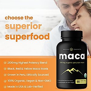 Organic Maca Root Capsules for Women & Men | 2100mg, 180 Vegan Capsules | Black, Red & Yellow Peruvian Gelatinized | Highest Potency Maca Root Powder Supplement | Supports Mood, Reproduction & Energy