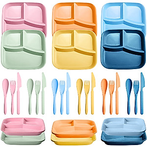 Dandat 12 Set Unbreakable Divided Plates 10 Inch Colorful Square Reusable Portion Control Plates Wheat Straw Lunch Trays Microwave Dishwasher Safe Trays for Kids Toddler Adults Picnic Supplies