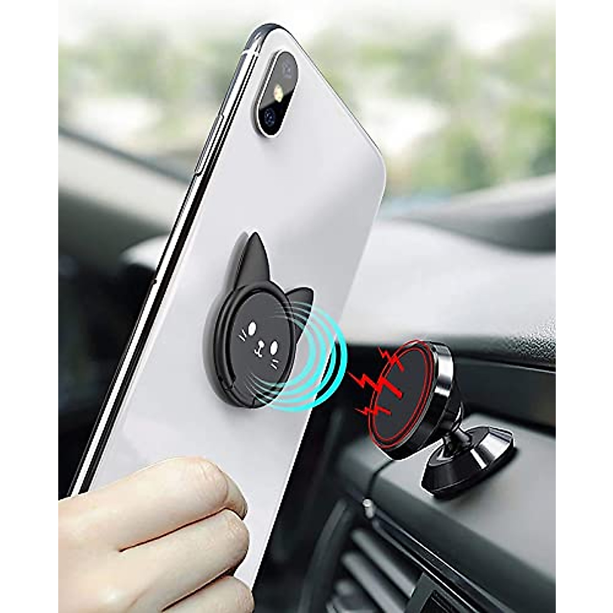 LaMignonne Cell Phone Ring Holder Ultra-Thin Cute Cat Metal Finger Grip 360° Rotation 180° Flip Kickstand Phone Grip for Magnetic Car Mount Compatible with All Smartphones (Black)