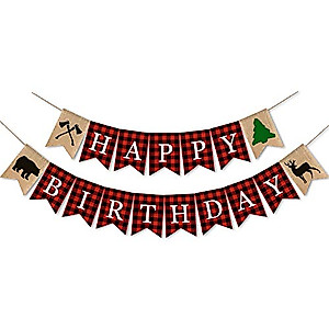 SWYOUN Burlap Lumberjack Happy Birthday Banner Boy Girl Birthday Woodland Theme Birthday Party Decorations Backdrop