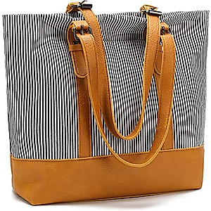Women Lightweight Canvas Tote Purses for Work Everyday with Zipper Pockets Striped Shoulder Handbag