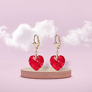 Austrian Crystal Heart Drop Leverback Earrings for Women Fashion Dangle Earring 14K Rose Gold Plated Hypoallergenic Jewelry (Red)