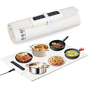 Electric Warming Tray,Portable Silicone Food Warmer Heater Mat,Travel Roll Up Fast Heating Pad,Foldable Keep Plates Fast Warm for Buffets Party,Events Catering, Large Surface Area (Pure white)