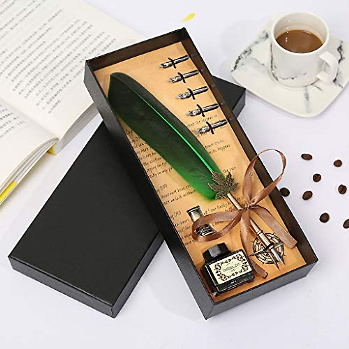 Vxkbiixxcs-o Feather Dip Pen, Pen Feather Ink Pen Calligraphy Set Includes Dip Pen 5 Steel Replacement Nibs Dip Ink Bottle Vintage Gift Box Yellow