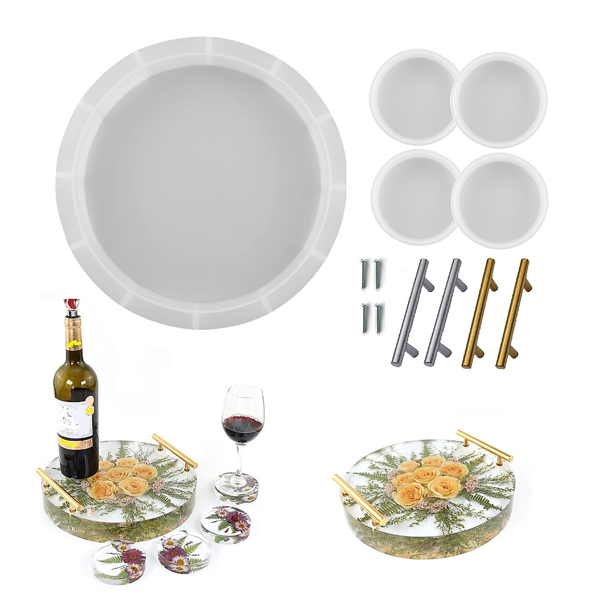 Resin Tray Molds Silicone, 12" Large Round Deep Tray Resin Mold and 4 Piece Round Deep Coaster Molds, Silicone Tray Board Table Resin Mold & Handles, Floral Preservation Bouquet Resin Mold