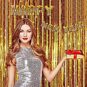 2 Pack 3.3x8.2 ft Gold Foil Fringe Curtains Backdrop, Tinsel Curtain Backdrop, Streamer Backdrop for Birthday Party, Graduation and Most Common Holiday Party Decorations. by TOPPOT