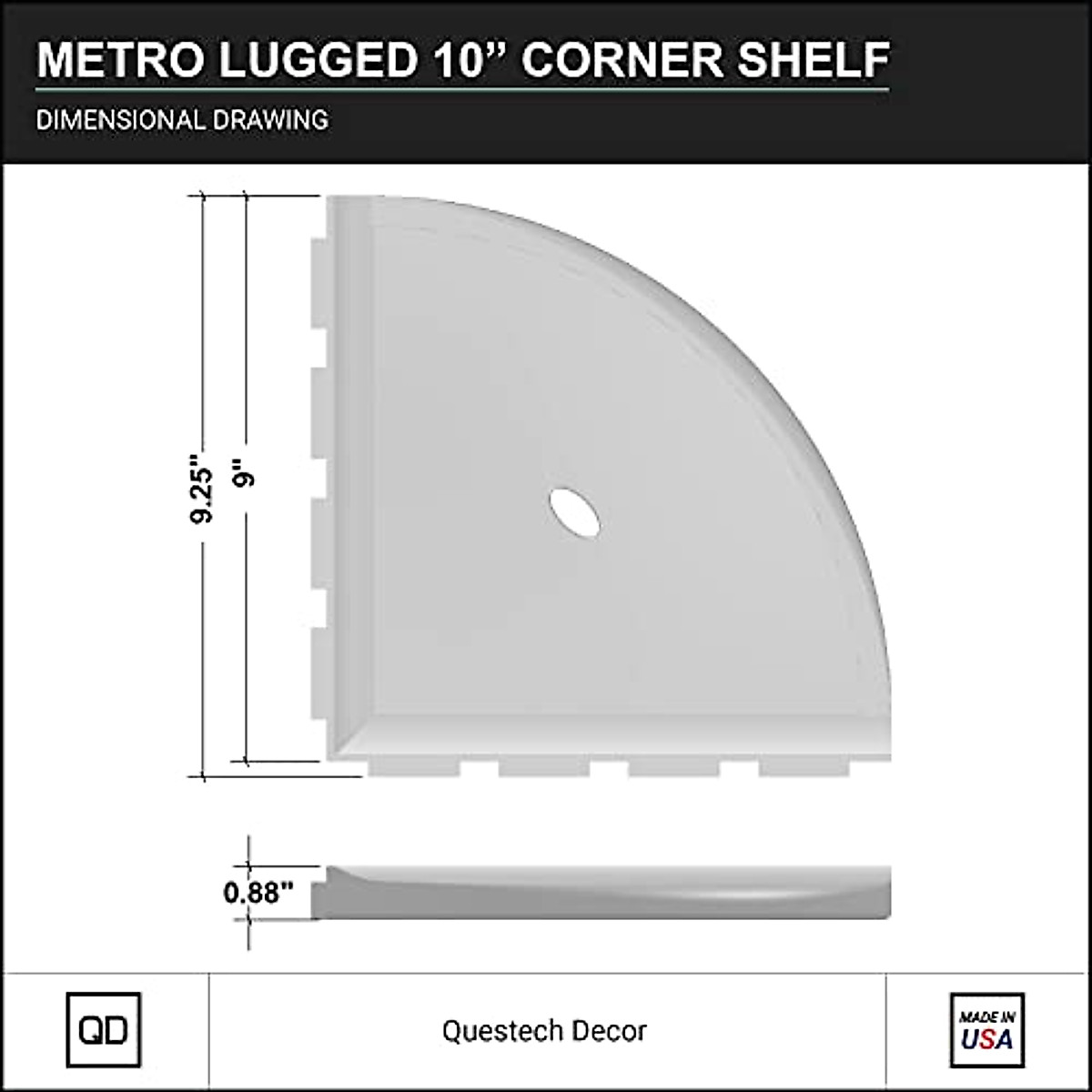 Questech Décor 10 Inch Corner Shower Shelf Bathroom Caddy, Lugged For New Construction, Corner Shower Shelf For Tiled Shower Walls, Bathroom Corner Shelf, 10 Inch Metro Lugged, Cool Gray Polished