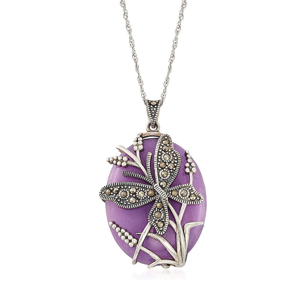 Ross-Simons 30x25mm Purple Agate and Marcasite Beaded Butterfly Pendant Necklace in Sterling Silver. 18 inches