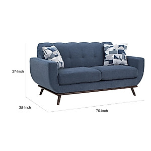 Benjara Keto 70 Inch Loveseat, Chenille, 2 Throw Pillows, Solid Wood, Blue and Brown