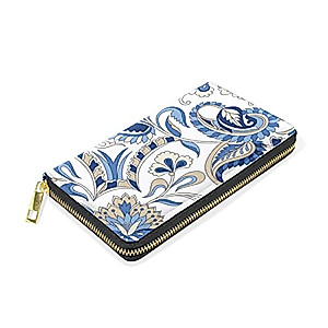 Seamless Traditional Indian Blue Grey Paisley Flowers on White Leather Long Wallet Organizer with Zipper Purse Clutch Bag for Women Men Key Card Coin Passport Checkbook