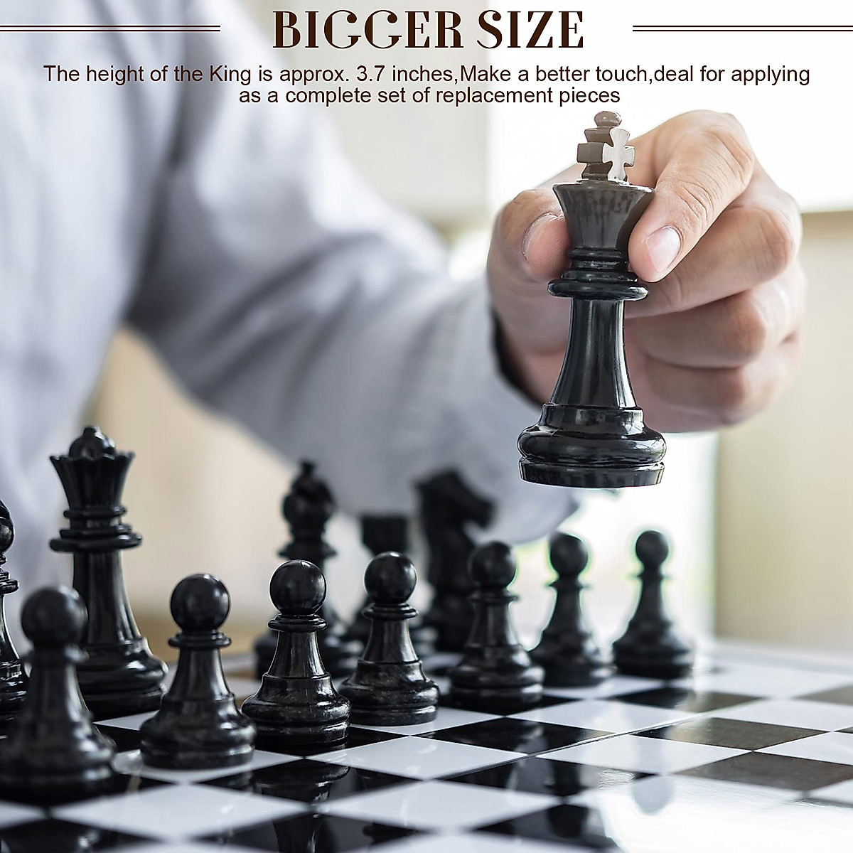 Chess Pieces Plastic Pawn Chess Pieces 95 mm/ 3.7 Inch King's Height Tournament Chess Set with Storage Bag for Chess Board Game, Set of 32 Chess, White and Black (Pieces Only)