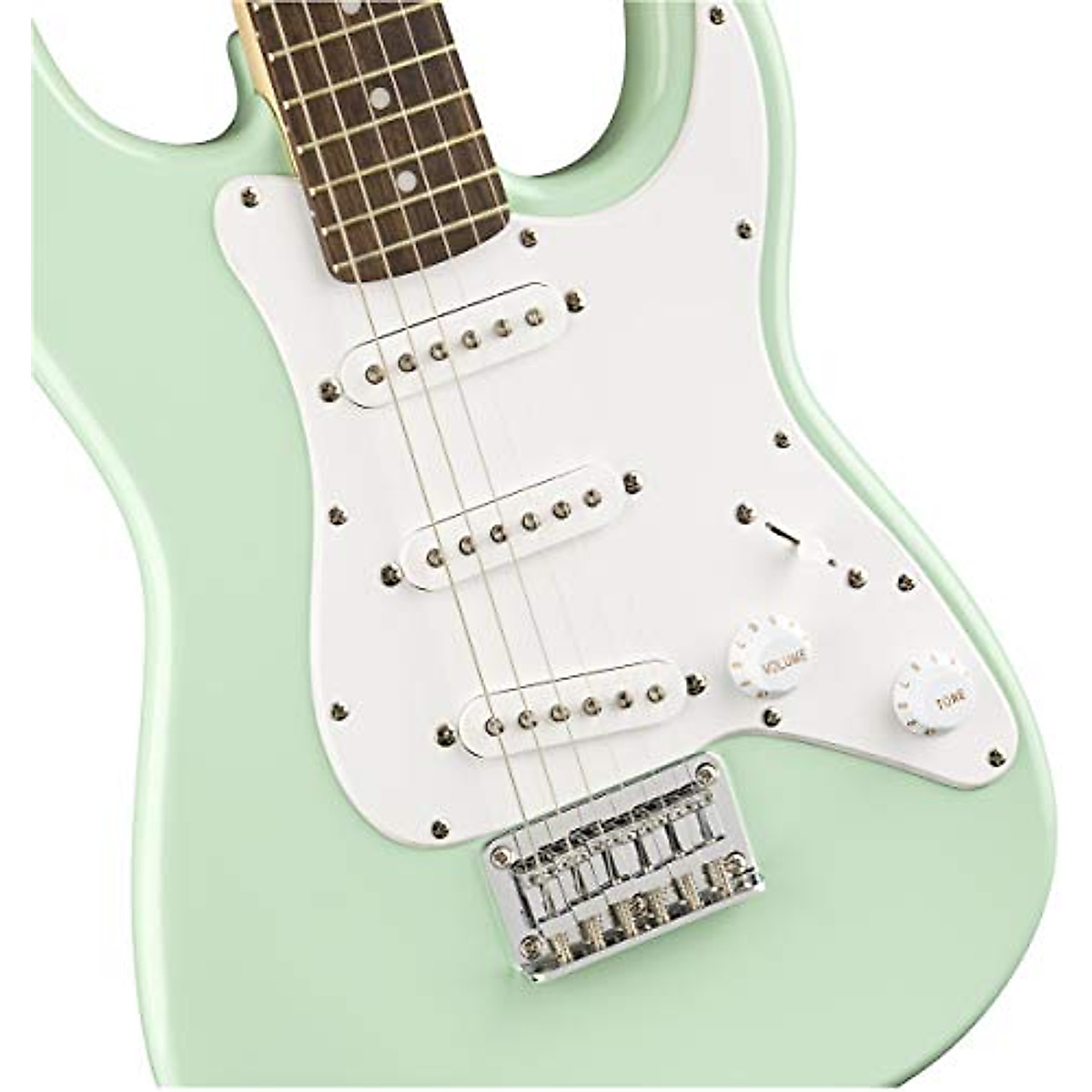 Fender Squier 3/4-Size Kids Mini Strat Electric Guitar - Surf Green Bundle with Amplifier, Instrument Cable, Tuner, Strap, Picks, Fender Play Online Lessons, and Austin Bazaar Instructional DVD
