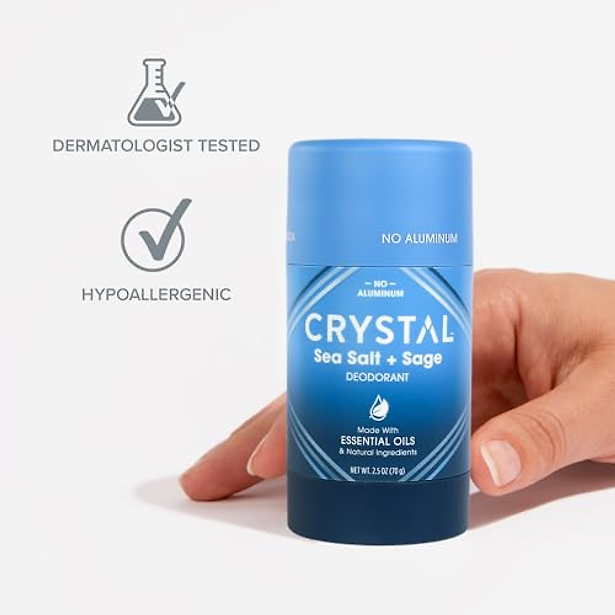 Crystal Magnesium Solid Stick Natural Deodorant, Non-Irritating Aluminum Free Deodorant for Men or Women, Safely and Effectively Fights Odor, Baking Soda Free, Sea Salt + Sage, 2.5 oz