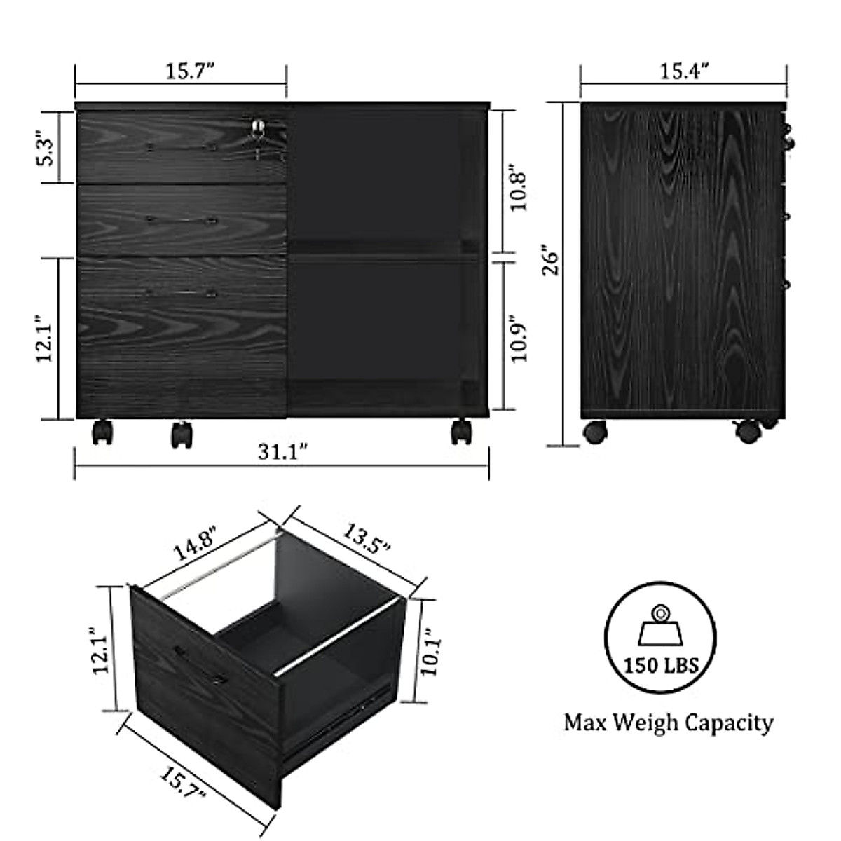 Wood File Cabinet, 3 Drawer Mobile Lateral Filing Cabinet On Wheels, Printer Stand with Open Storage Shelves for Home Office (Black 2)