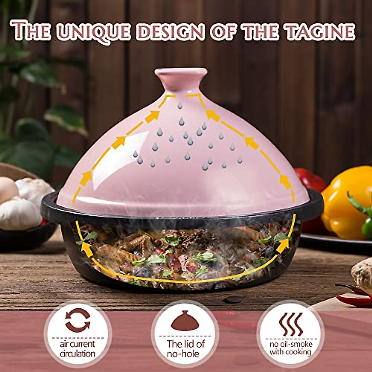 M-Cooker Tagine Pot - 5.5-Quart Moroccan Tajine with Cast Iron Base and Ceramic Cone-Shaped Lid, High-Quality Cookware- Pink