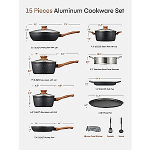 FOHERE Pots and Pans Set with Lids 15 PCS, Aluminum Nonstick Induction Cookware Sets, with Frying Pans, Saucepans, Stock Pot, Pizza Pan, Griddle Pan, and Food Steamer, Silicone Food Strainer, Black