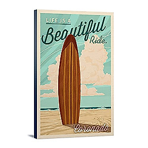 Coronado, California, Surfboard Letterpress, Life is a Beautiful Ride, (24x36 Wrapped Canvas, Wall Decor, Artwork)