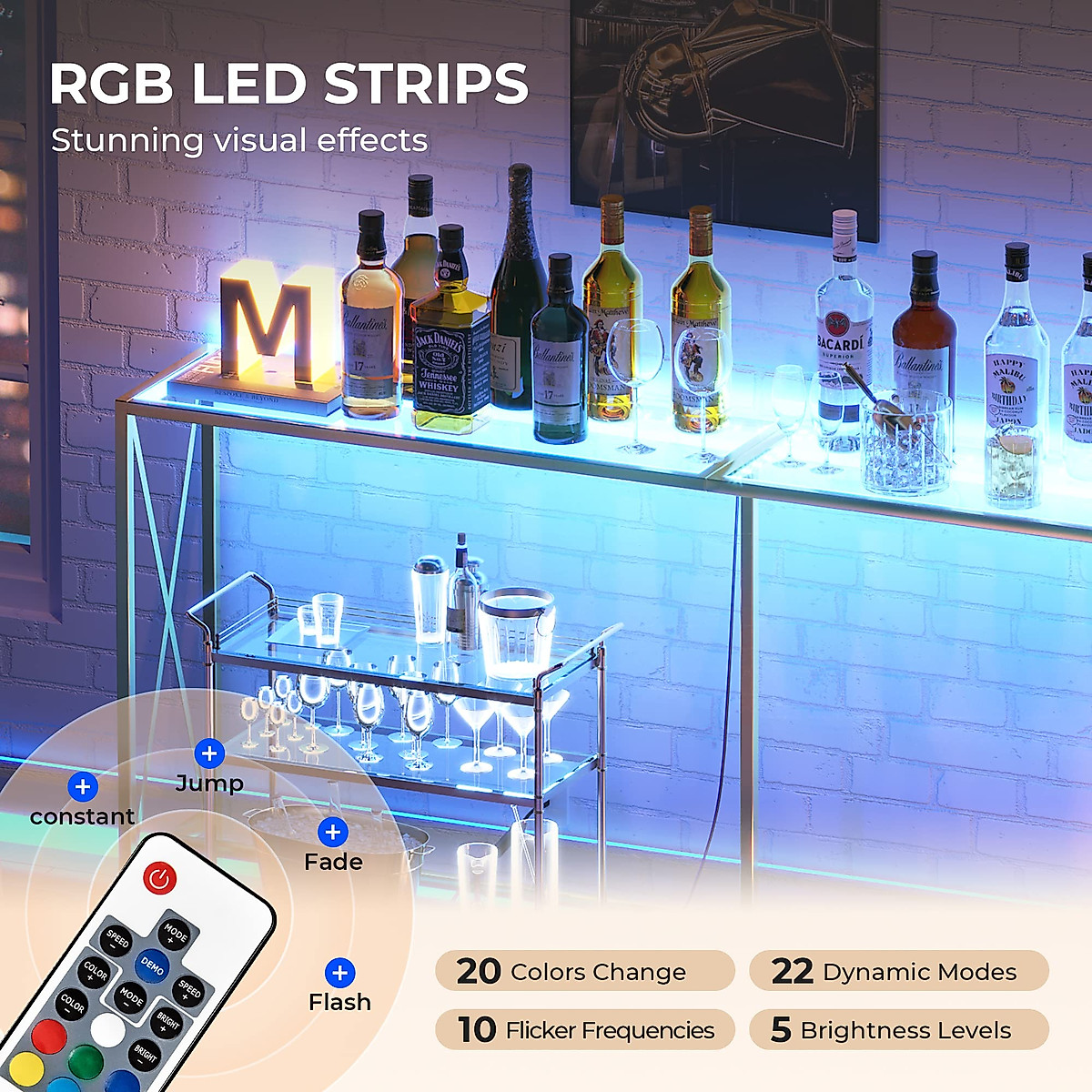 SUPERJARE 70 Inch Console Table with LED Light Strips, Gold Entryway Table with Tempered Glass, Sofa Table, Hallway Table for Entryway, Rubber Pads, for Living Room, Front Door, Gold