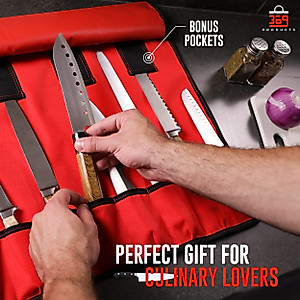 369 Products Chef Knife Bag - 18" x 7" x 3" Waterproof Polyester Knife Roll Bag with 13 Slots, Stylish Leather Straps and Detachable Shoulder Harness, Additional Zipper Compartment