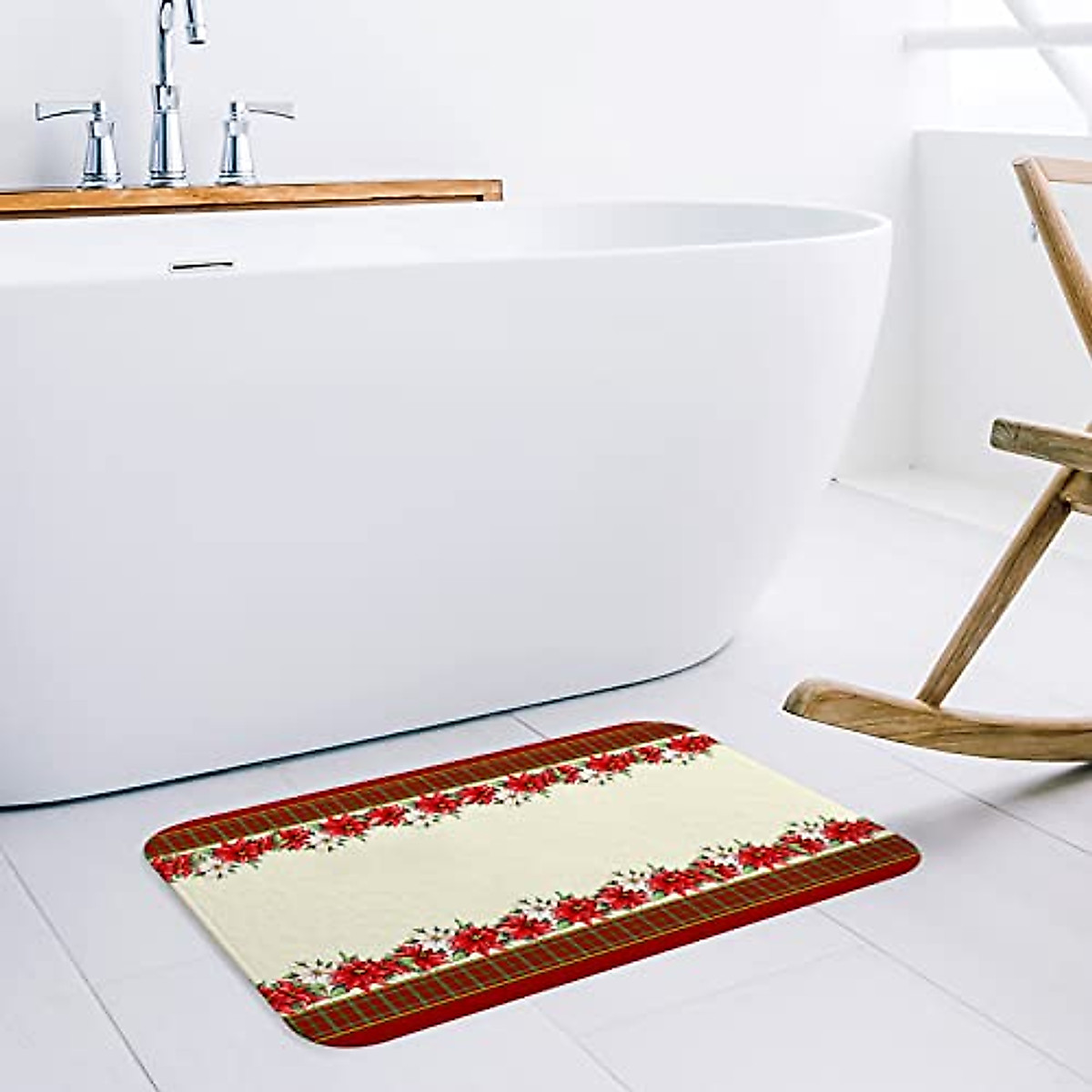 Front Door Mats Outdoor Indoor Kitchen Mat, Christmas Flower Red Green Buffalo Plaid Entrance Doormat Non-Slip Bathroom Rugs Washable Floor Mats for Sink/Porch, 18" x 30"